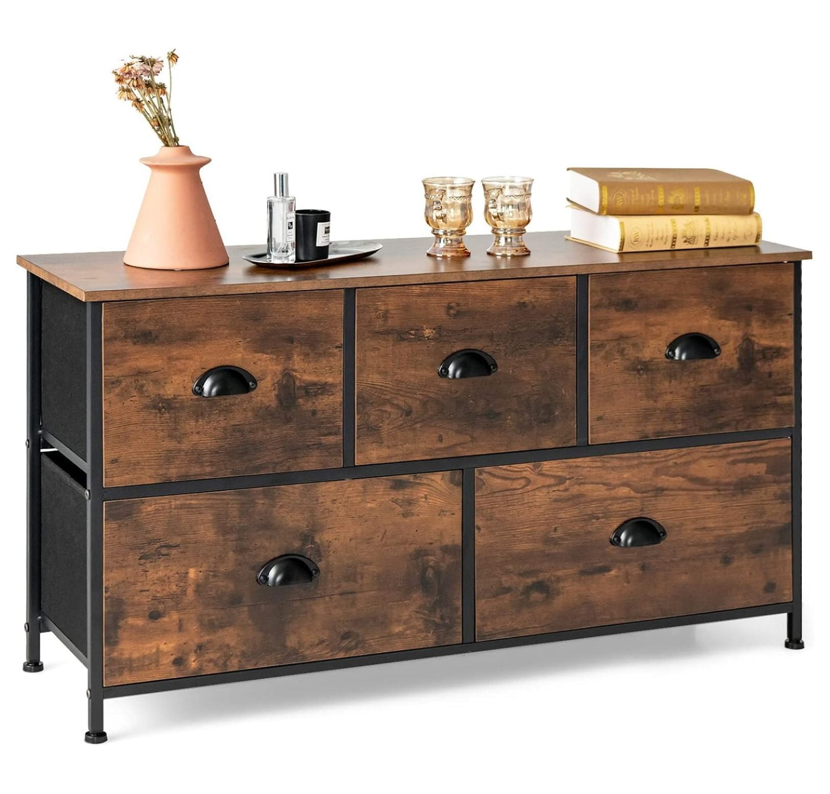 5 Drawer Dresser for Bedroom, Rustic Dresser Organizer with Fabric ...