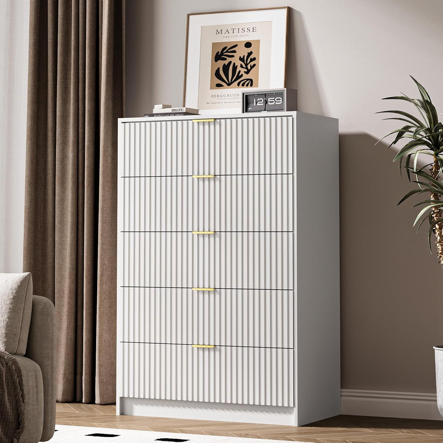 5 Drawer Dresser for Bedroom, Tall Dresser Chest of Drawers with Gold ...