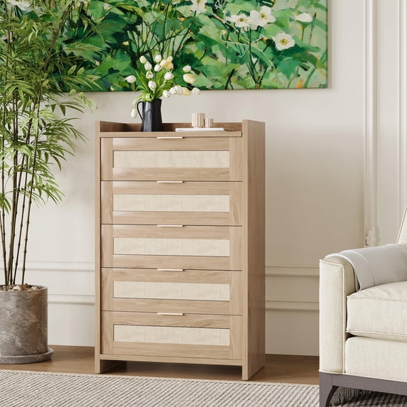 5 Drawer Dresser for Bedroom, Wooden Entryway Rattan Chest of Drawers ...