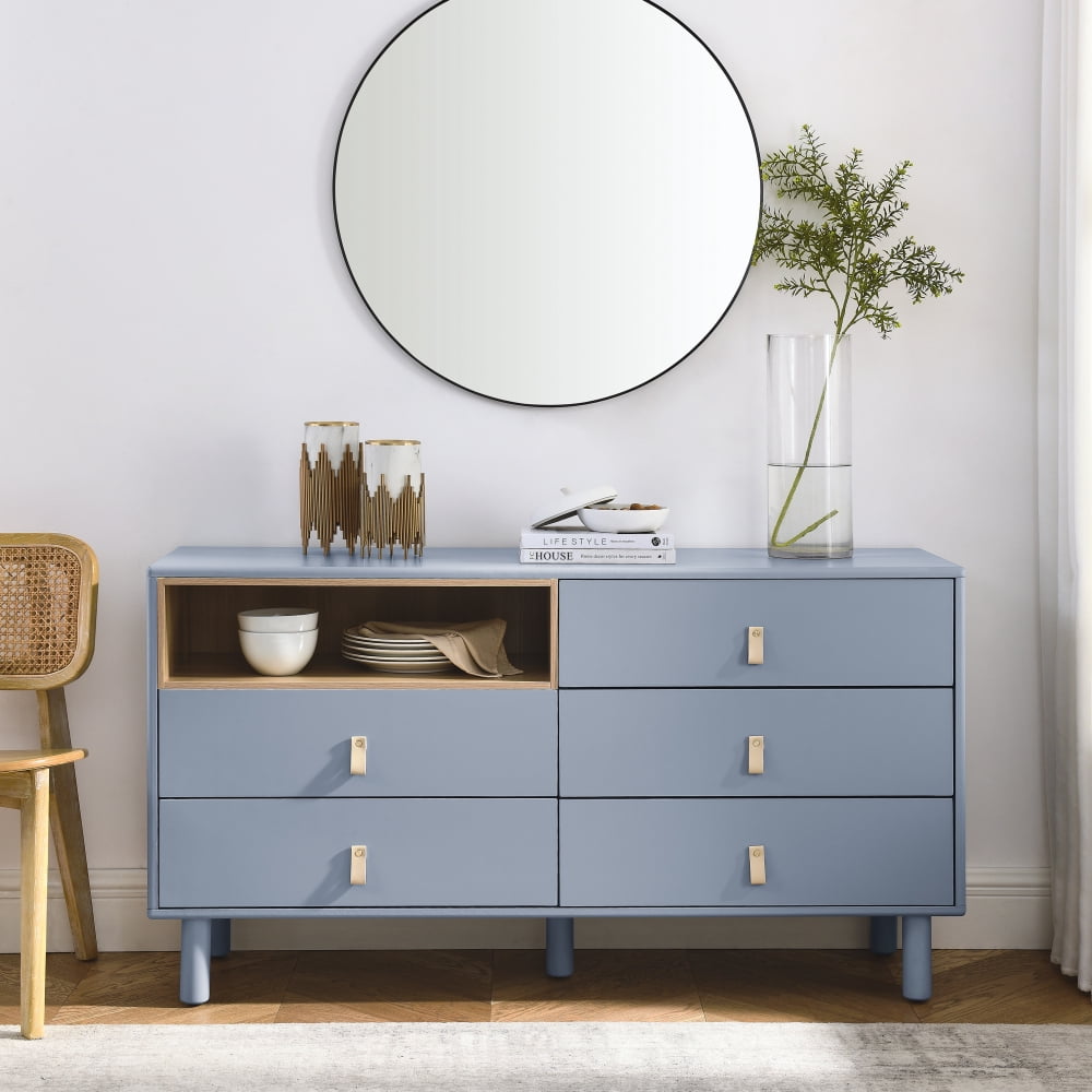 5 Drawer Dresser Closet with Leather Handles and Open Storage ...