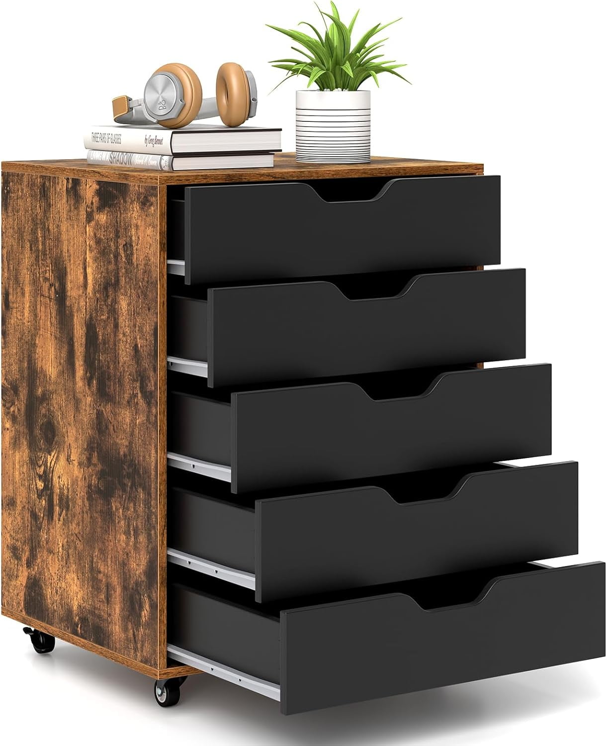 5-Drawer Dresser, Mobile File Cabinet on Wheels, Wood Rolling Storage ...