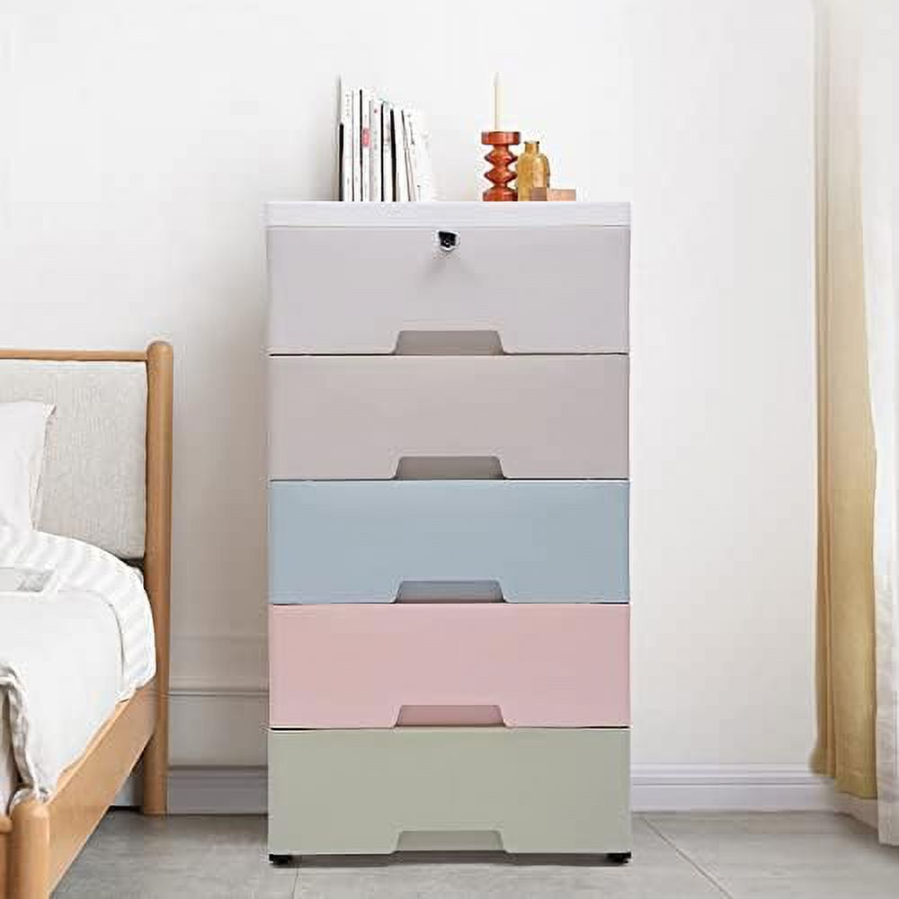 5 Drawer Dresser, Plastic Wide Chest of Drawers Storage Dresser Cabinet ...