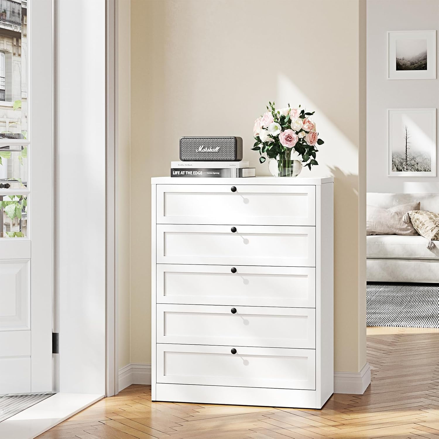 5 Drawer Dresser Storage Tall White Dresser with Wide Drawers Drawer ...