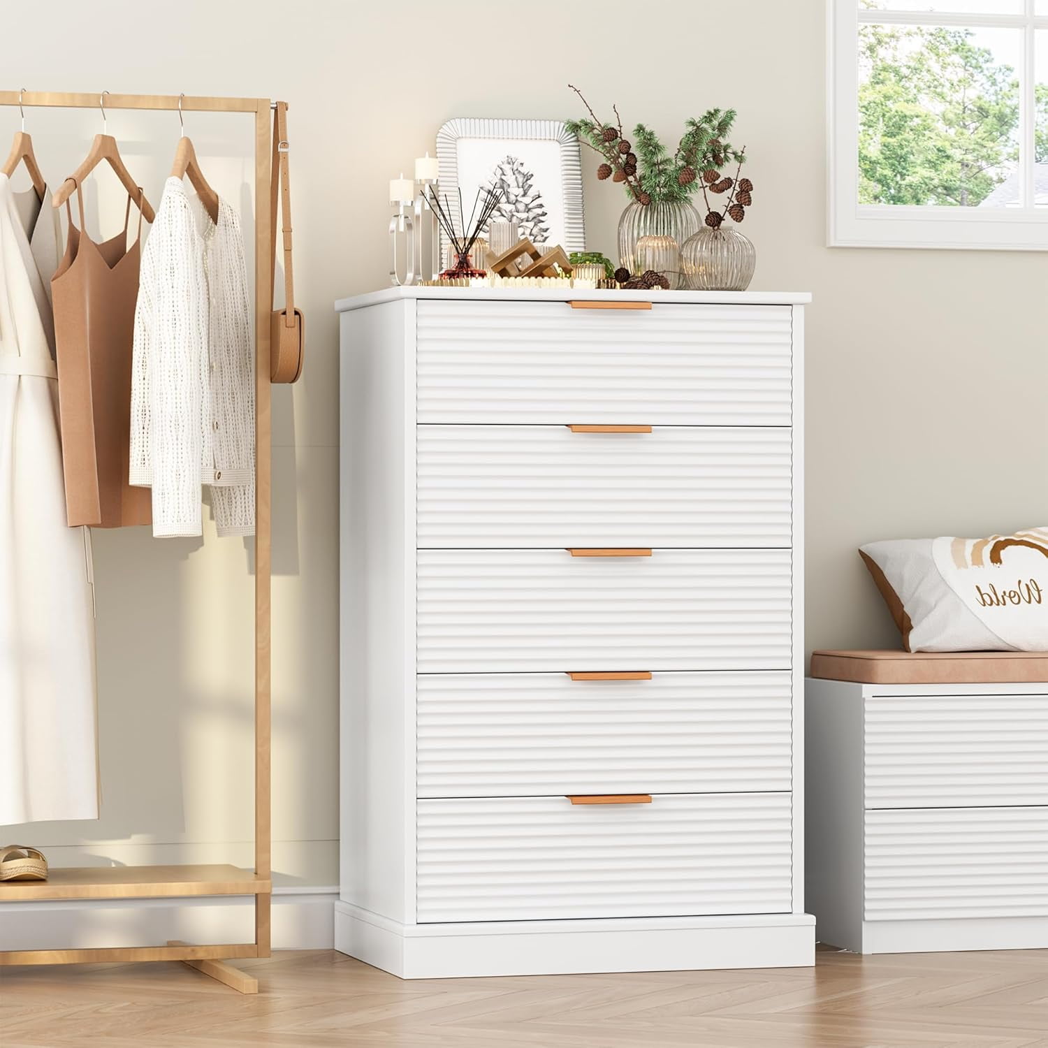 5 Drawer Dresser, White Dresser for Bedroom with Wavy Patterns, Wood ...