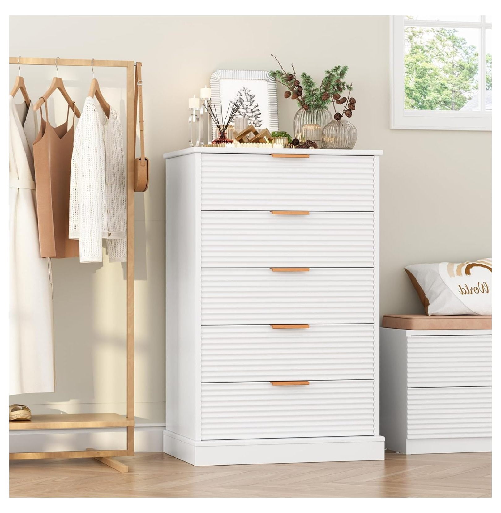 5 Drawer Dresser, White Dresser for Bedroom with Wavy Patterns, Wood ...