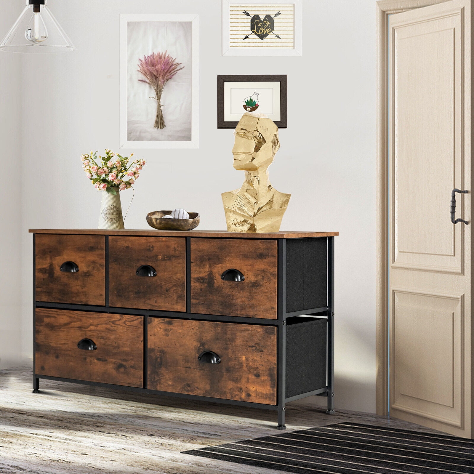 5-Drawer Dresser Wooden Top Organizer Storage Display Tower w/ Foldable ...