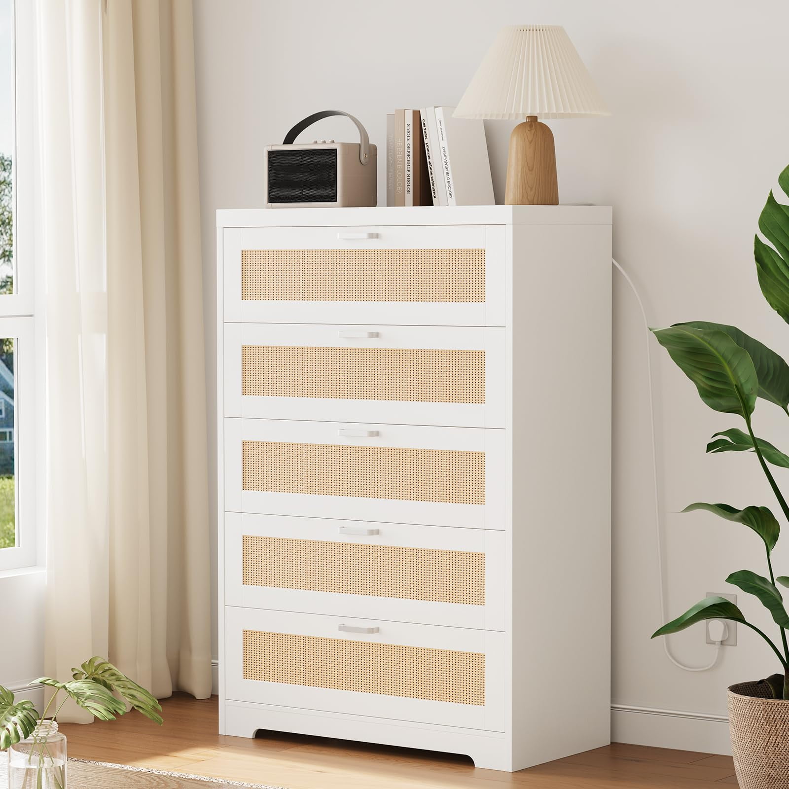 5 Drawer Dresser for Bedroom, Rattan Chest of Drawers with Power ...