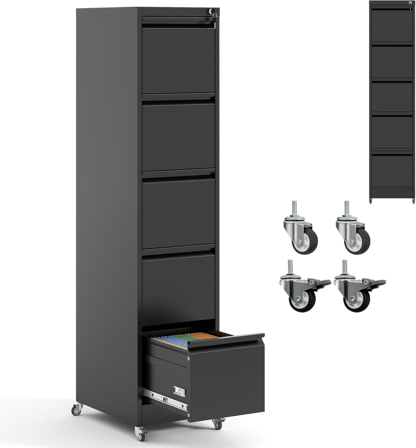 5 Drawer File Cabinet with Wheels,Metal Mobile Filing Cabinets with ...