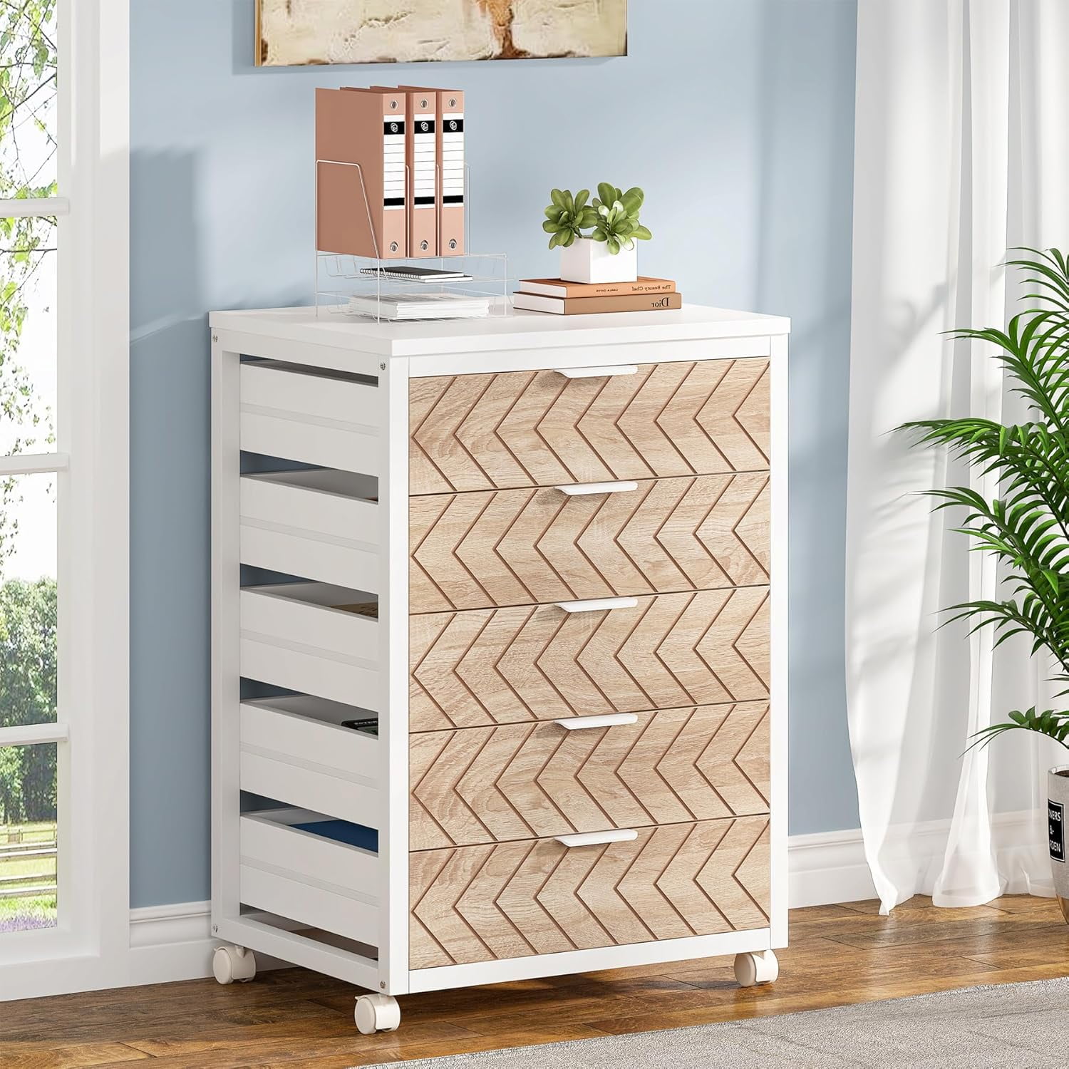 5-Drawer File Cabinet, Wood Mobile Storage Drawer Unit, Industrial ...