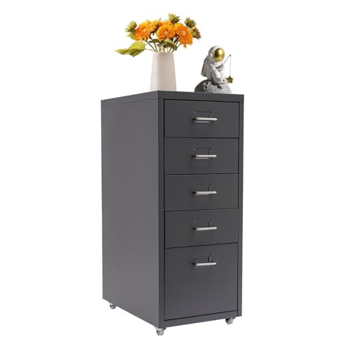 5 Drawer File Cabinet w/Wheels, Metal Vertical Filing Cabinet Grey ...
