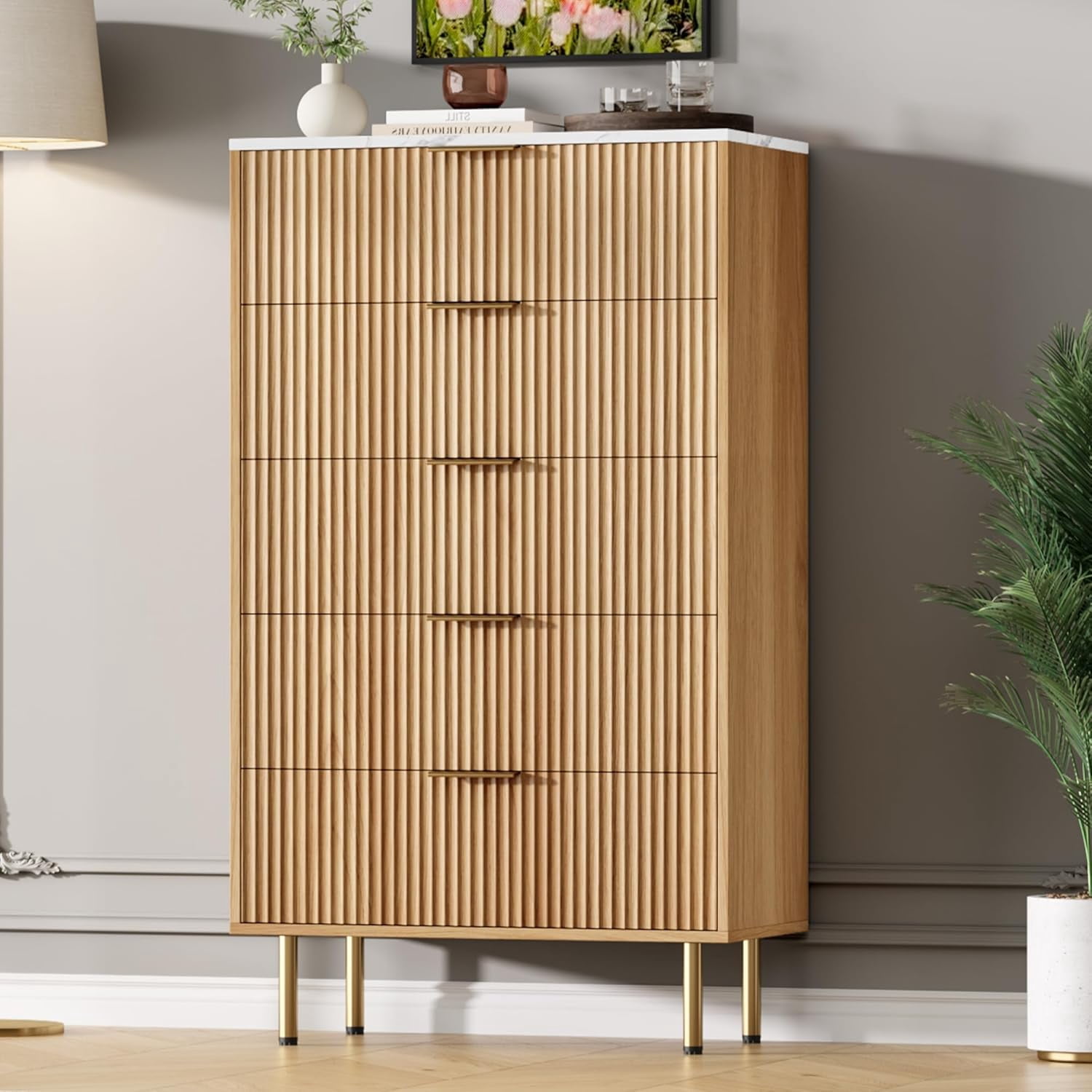 5-Drawer Fluted Dresser – 27" Wide Modern Wooden Chest for Bedroom ...