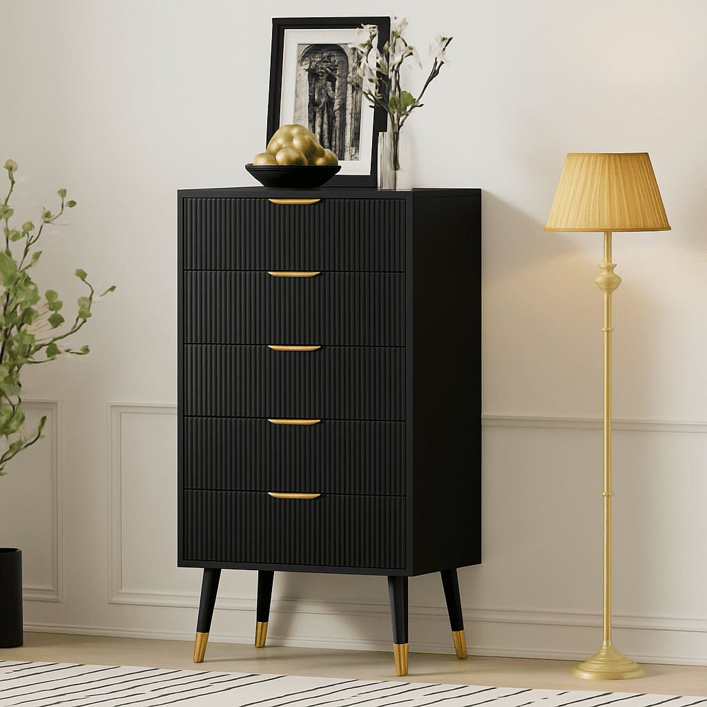 5-Drawer Fluted Dresser - Modern Black Storage Chest with 5 Drawers ...