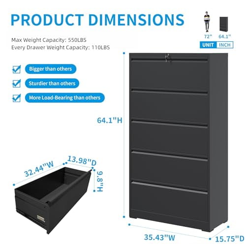 5 Drawer Lateral File Cabinet with Lock, Black Metal Lateral Filing ...