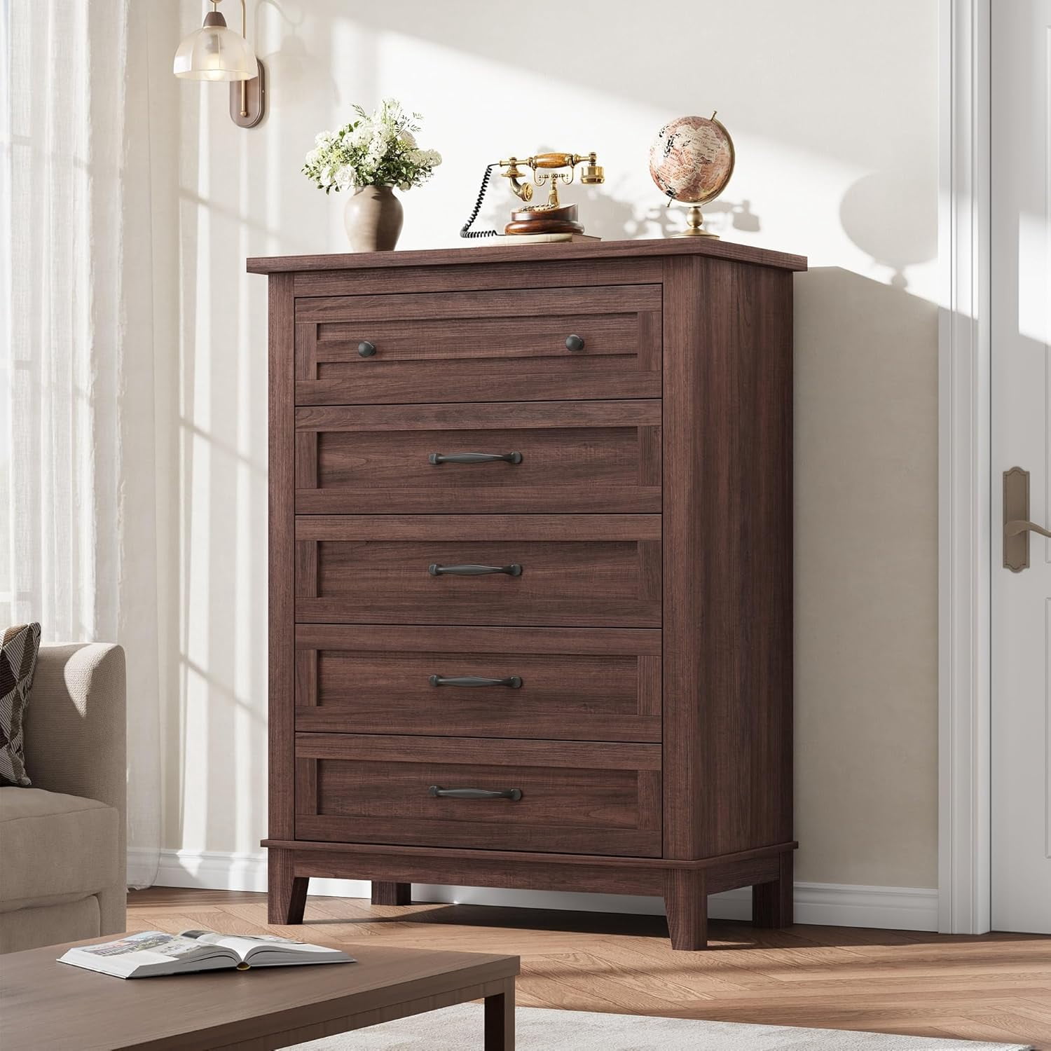 5-Drawer Modern Dresser with Ribbed Fronts, Large Storage, Anti-Tip Kit ...