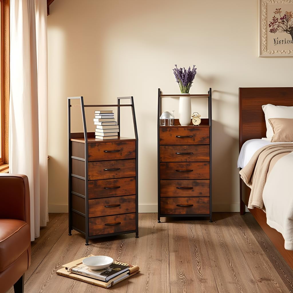 5 Drawer Nightstand Set of 2, 40 Inch Tall Side Table with Steel Frame ...