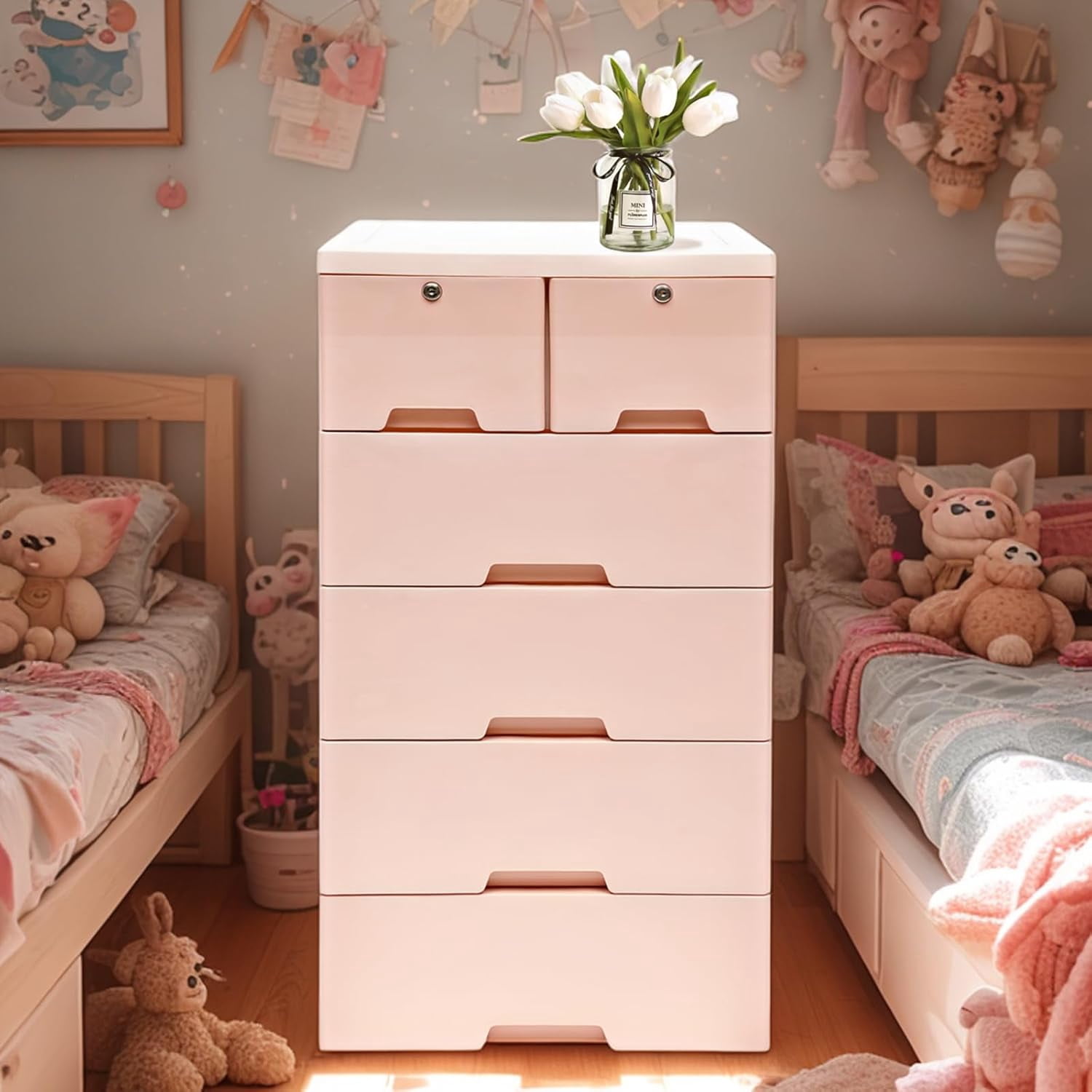 5 Drawer Plastic Dresser, Storage Cabinet with 4 Wheel, High Capacity ...