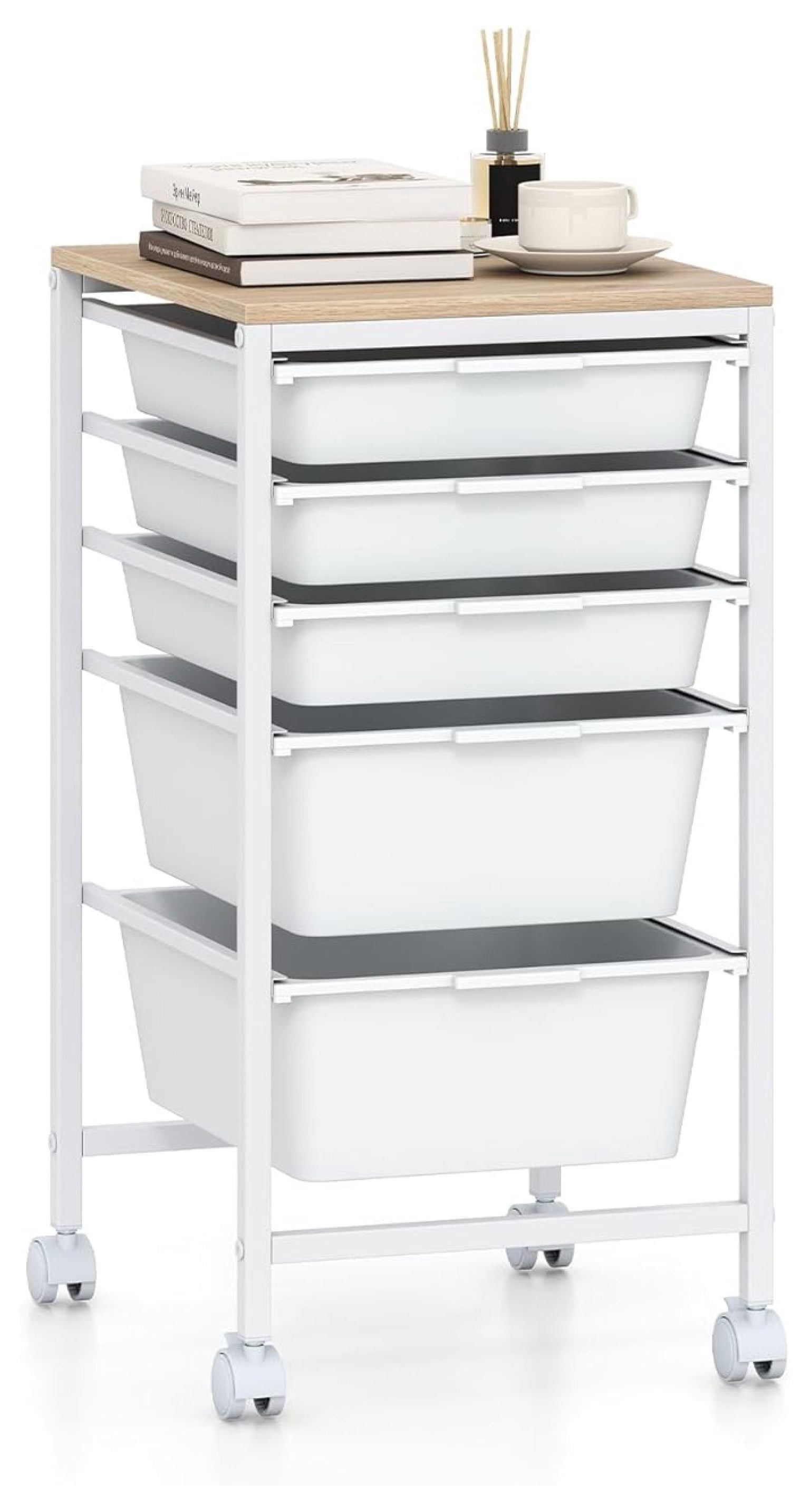 5-Drawer Rolling Storage Cart, Wooden Top Organizer, Lockable Wheels ...