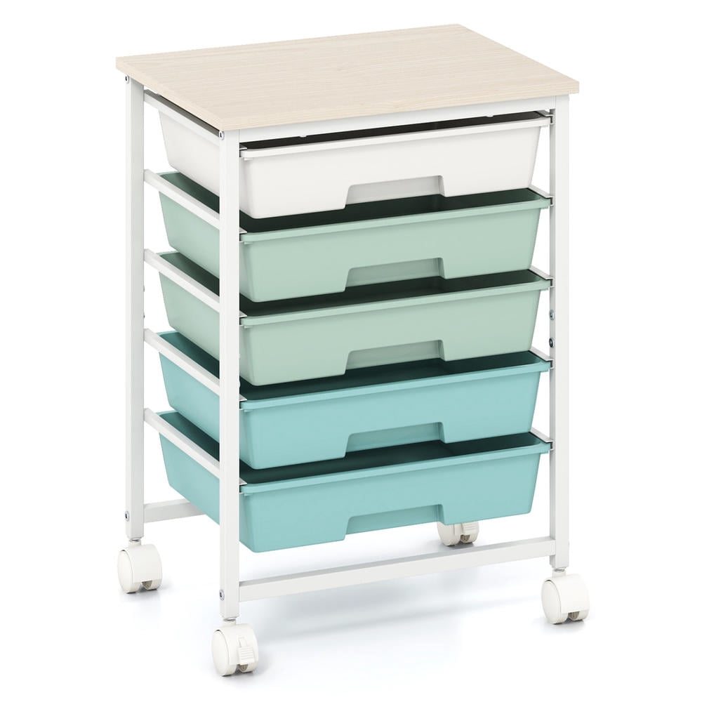 5-Drawer Rolling Storage Cart with Wooden Tabletop and Lockable Wheels ...