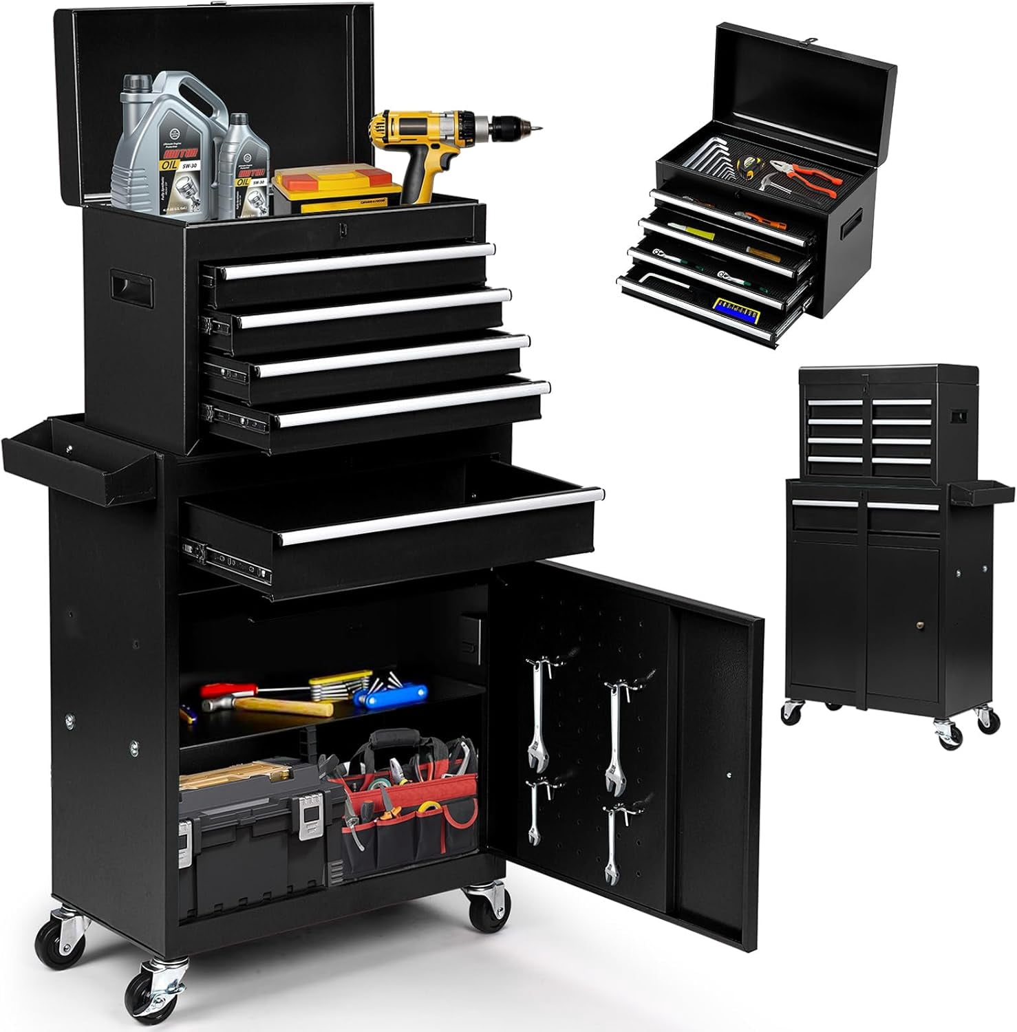 5-Drawer Rolling Tool Chest – 2-in-1 Lockable Tool Box with Wheels ...
