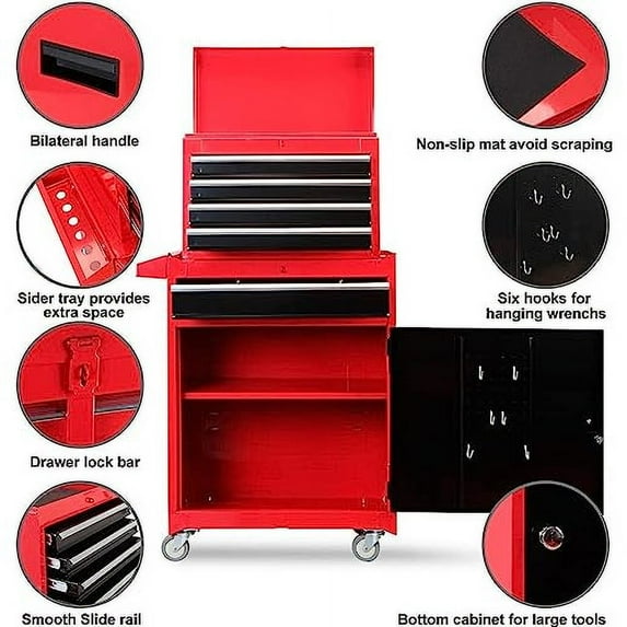 5-Drawer Rolling Tool Chest, High Capacity, Adjustable Shelf, Lockable ...