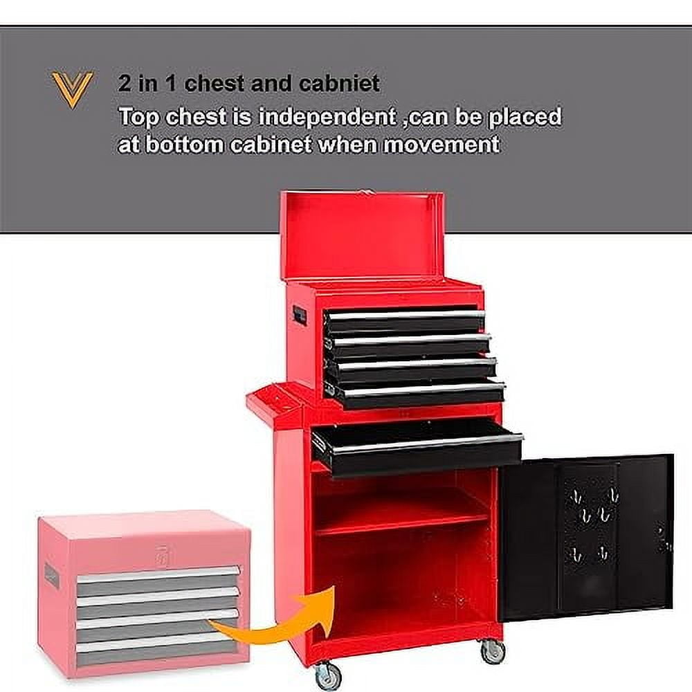 5-Drawer Rolling Tool Chest, High Capacity, Adjustable Shelf, Lockable Drawers, Detachable 2 in ...