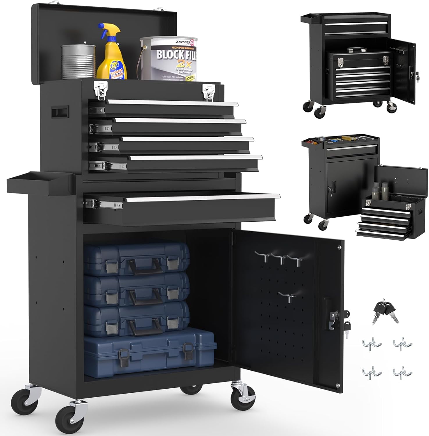 5-Drawer Rolling Tool Chest, Tool Box with Wheels, Tool Cart with 2 in ...