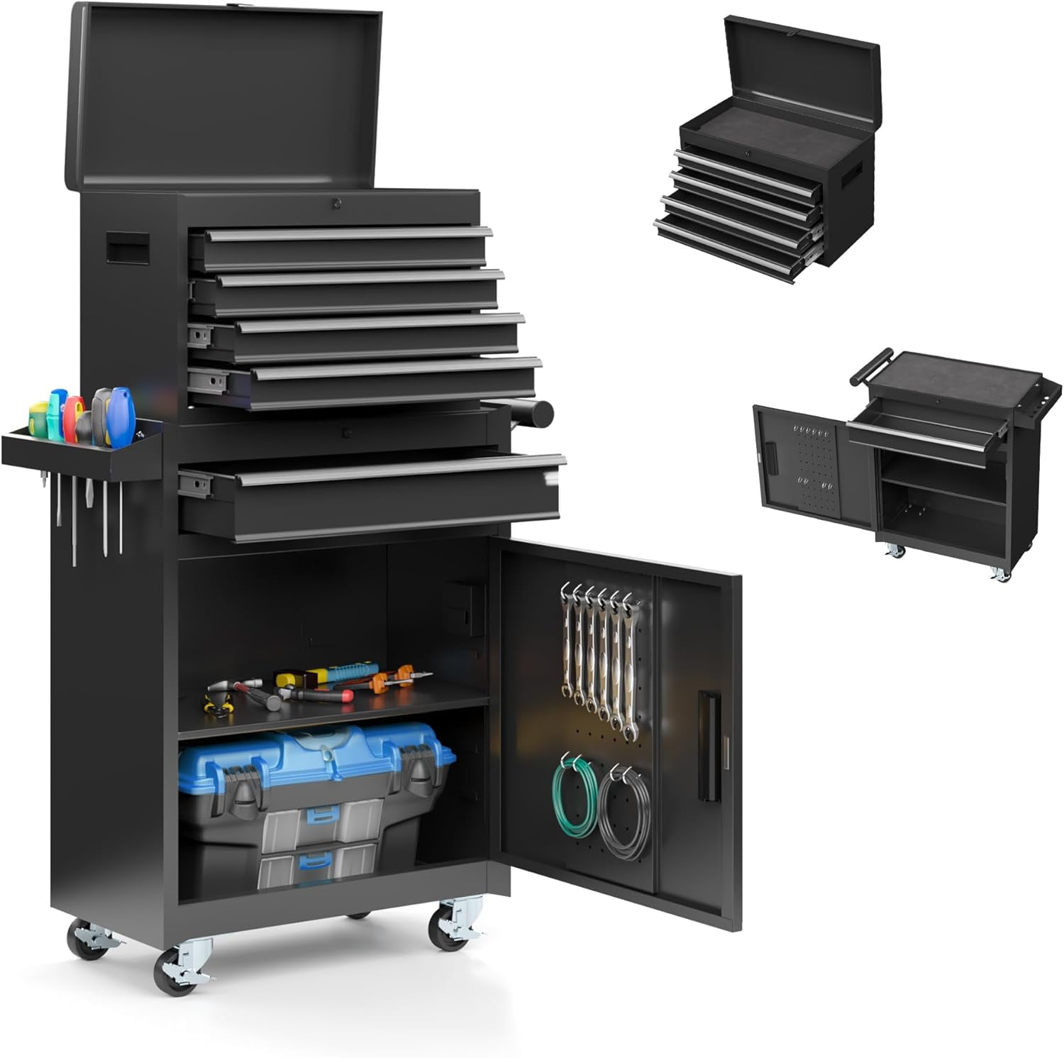 5-Drawer Rolling Tool Chest with Lockable Wheels, Detachable Top Tool Box, Metal Tool Storage ...