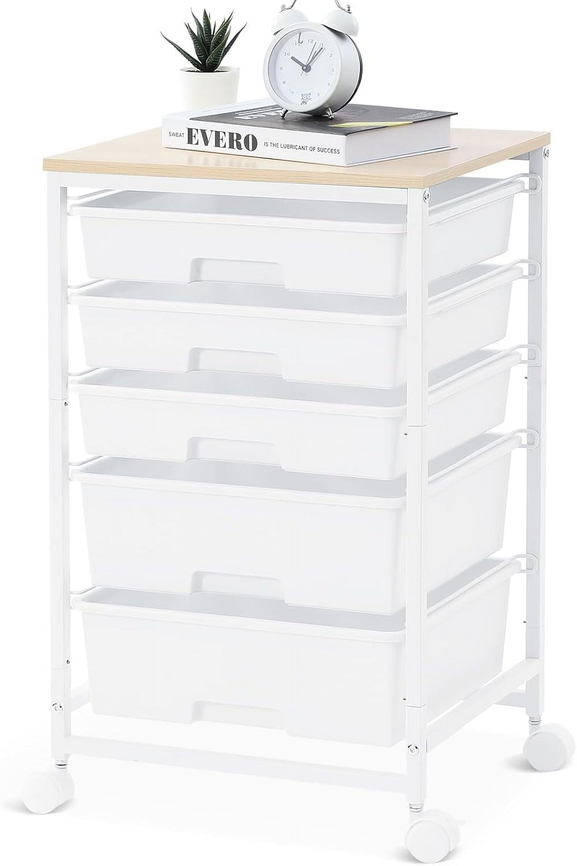 5-Drawer Rolling Utility Cart with Wooden Tabletop and Lockable Wheels ...