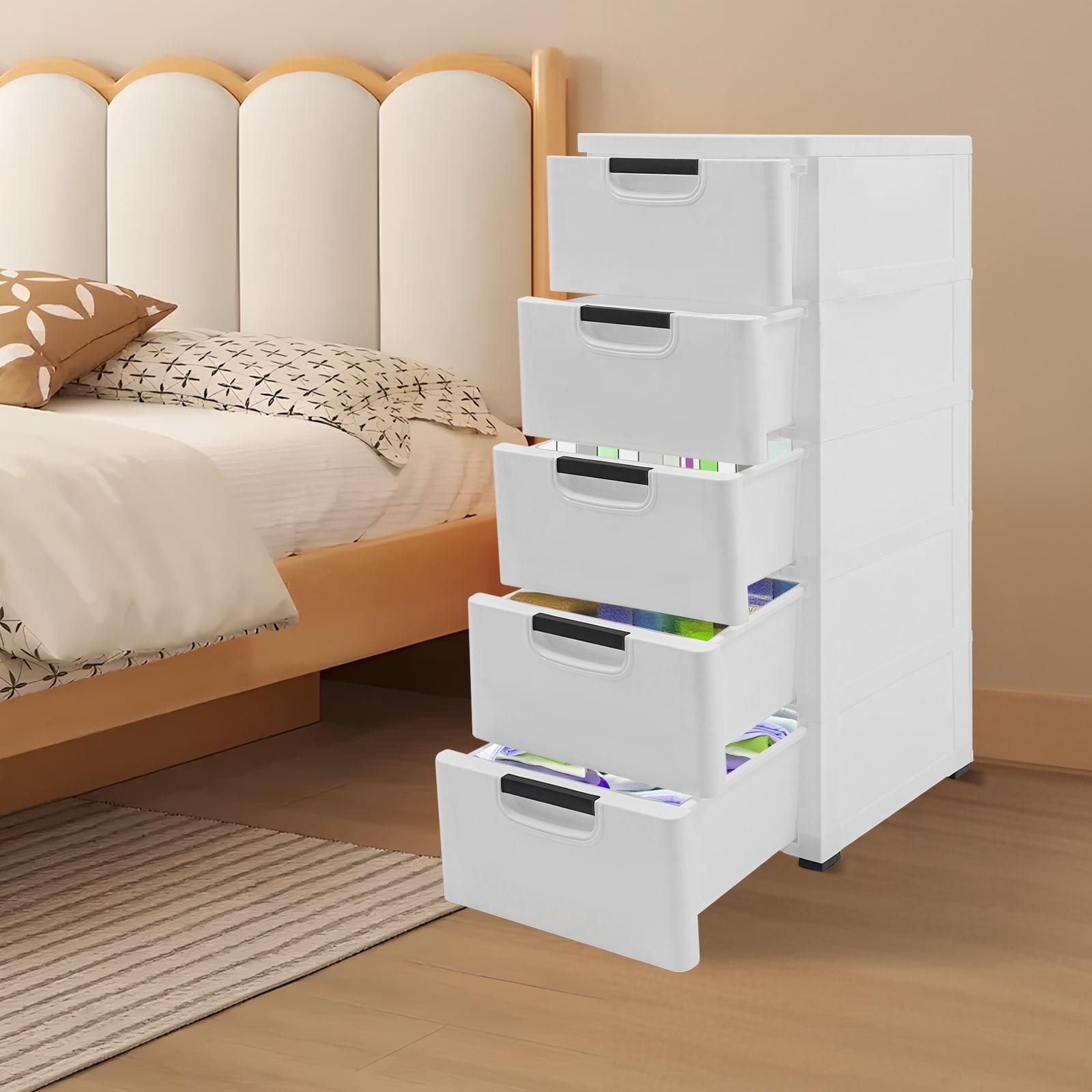 5-Drawer Storage Cabinet, White PP Plastic Organizer with Wheels, Space ...