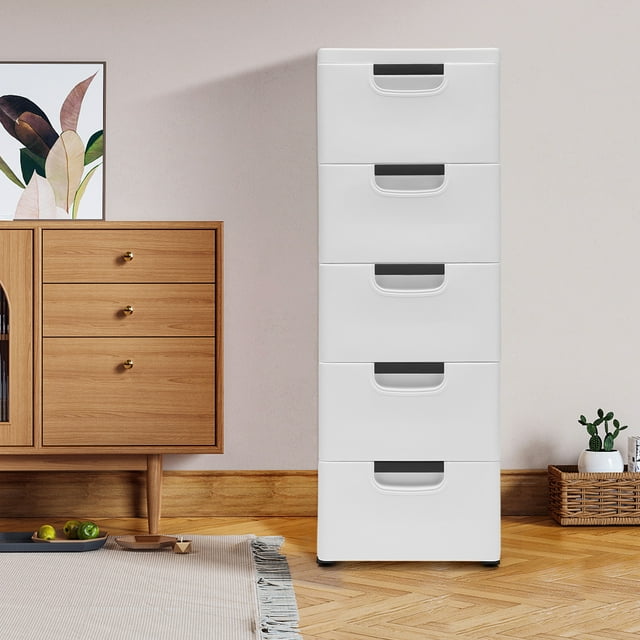 5-Drawer Storage Cabinet, White PP Plastic Organizer with Wheels, Space ...