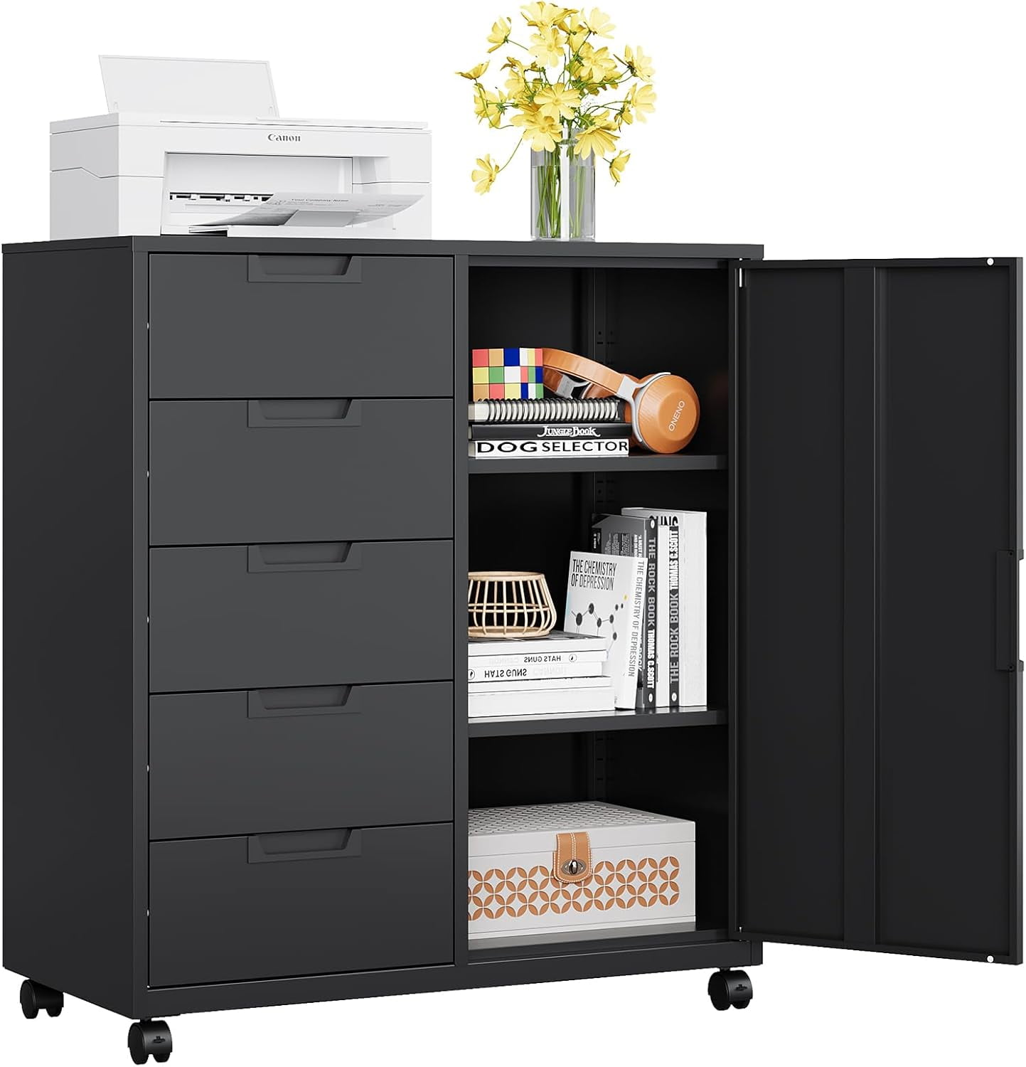 5 Drawer Storage Cabinet with Door and Shelf Mobile Lateral Cabinet on ...