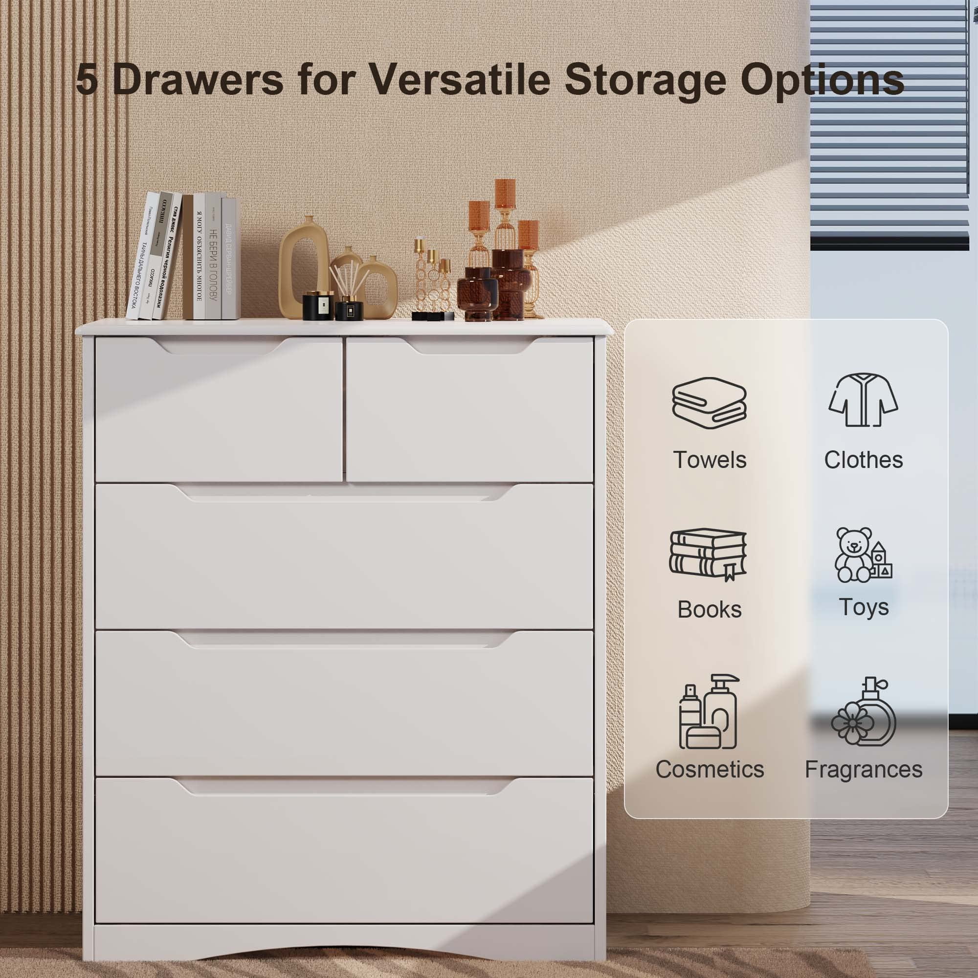 5-Drawer Storage Dresser for Bedroom Living Room, White Chest with ...