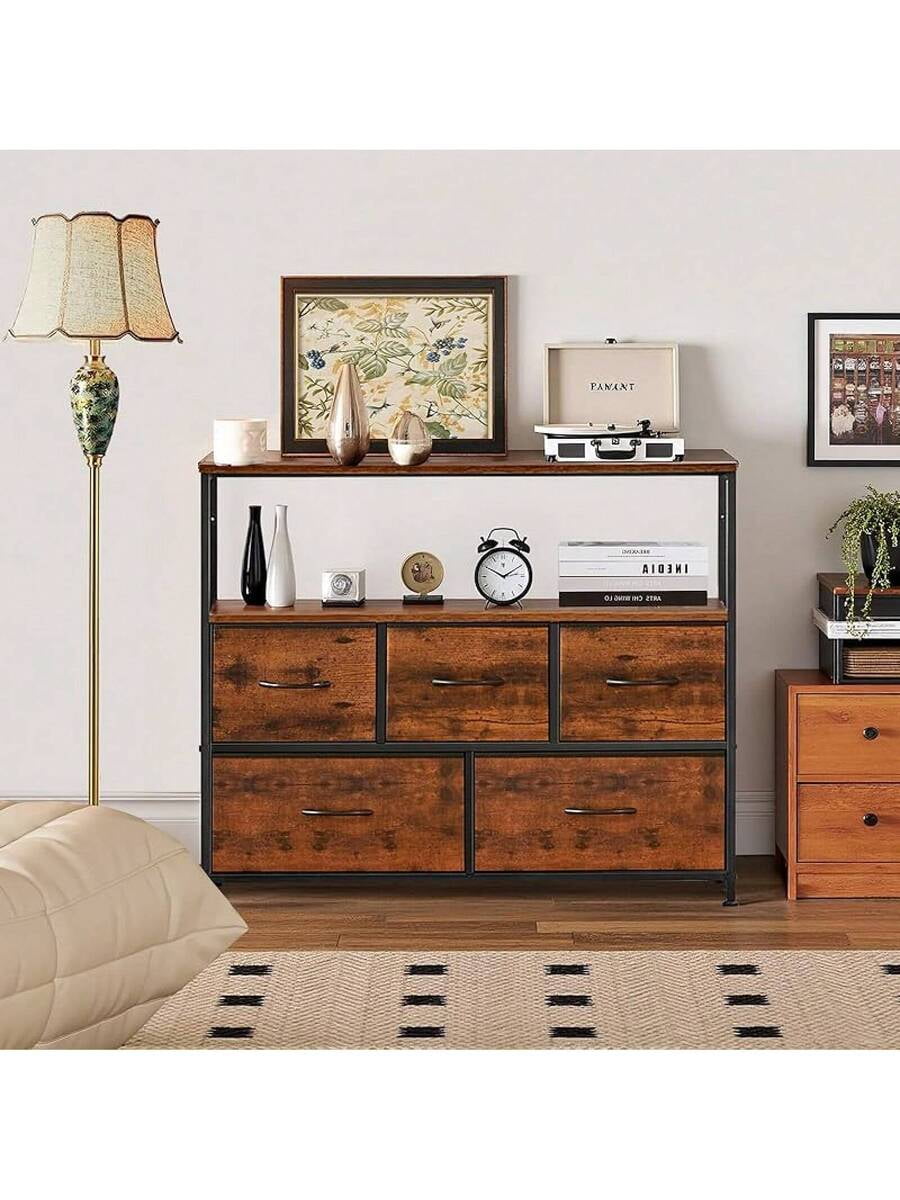 5-Drawer TV Stand Entertainment Center for 45" TV, Fabric & Wood Media ...