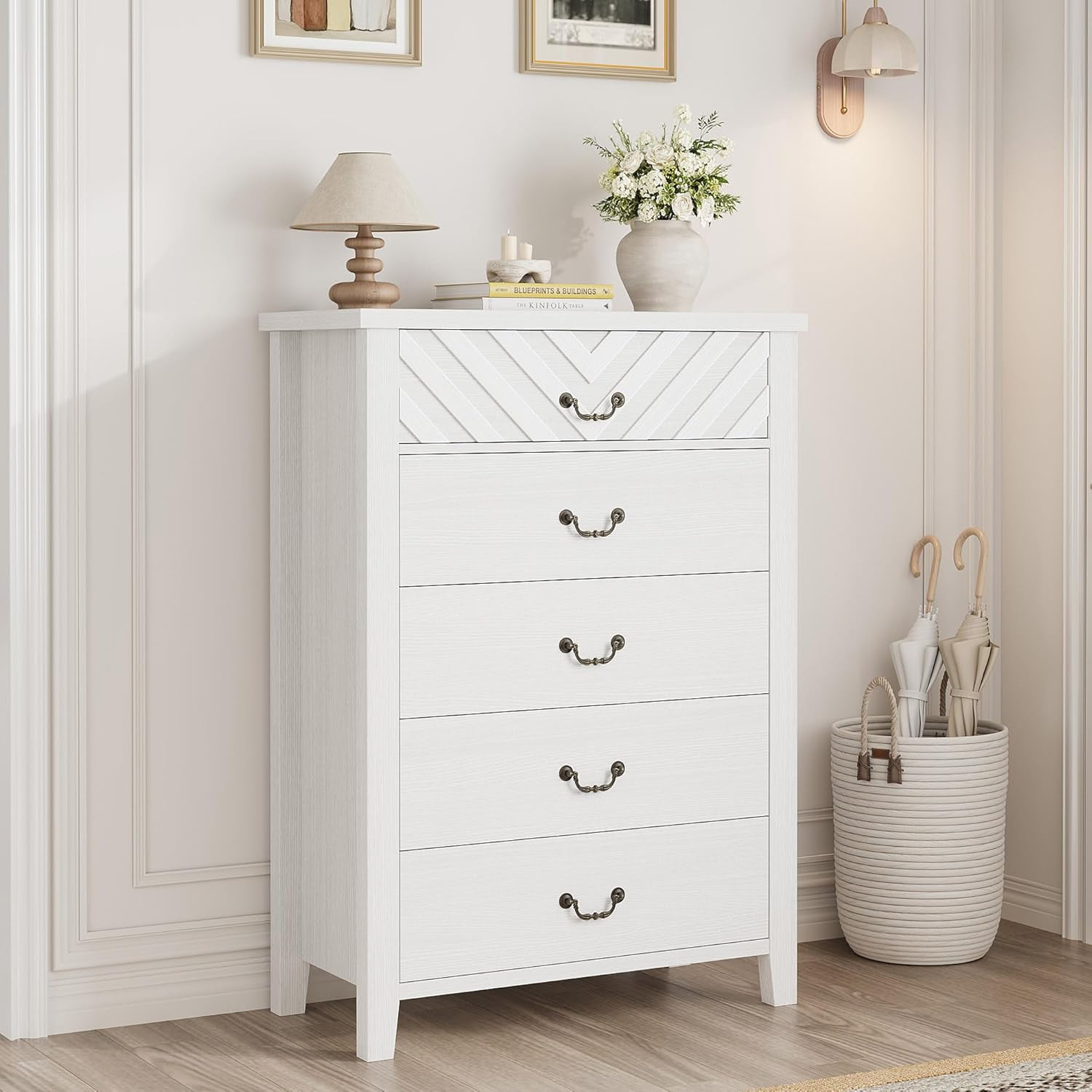 5 Drawer Tall Dresser,Wood Chest of Drawers with Black Metal Handel ...