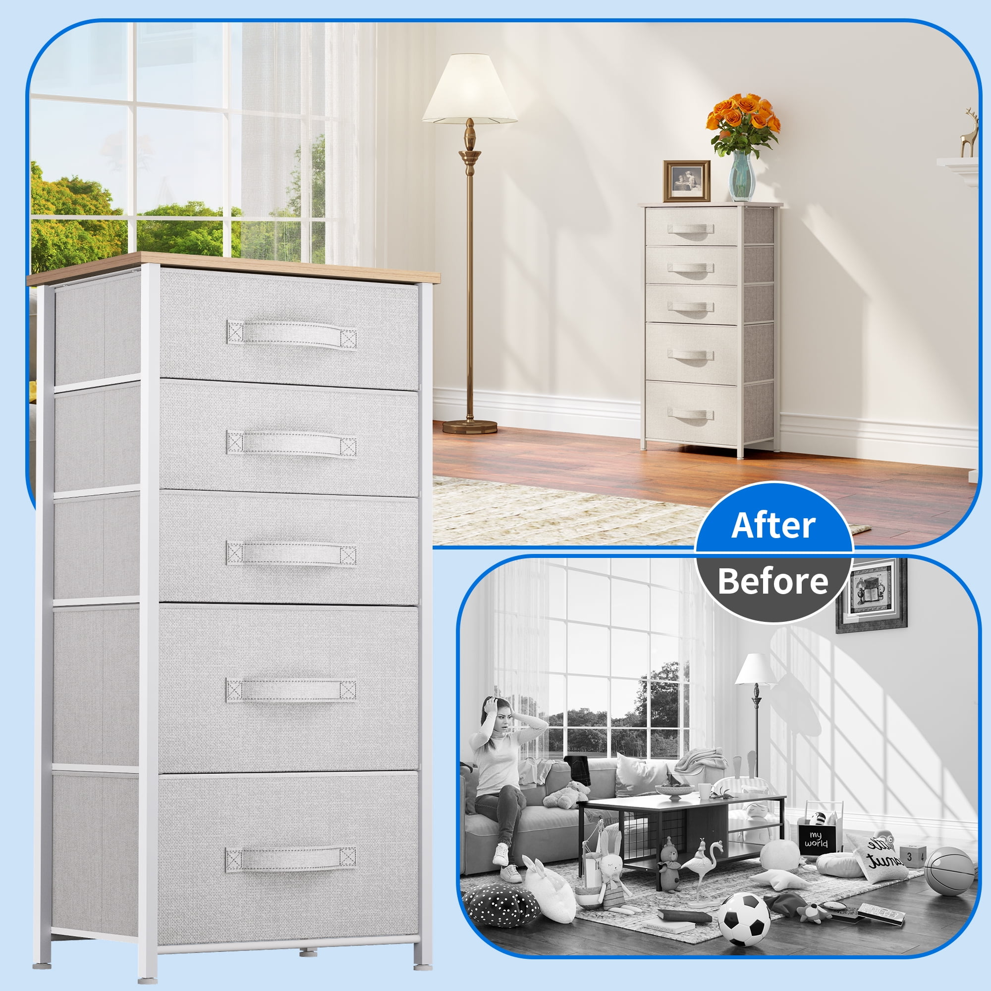 5-Drawer Vertical Dresser,Fabric Storage Tower with Steel Frame and ...