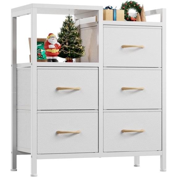 5 Drawer White Dressers for Bedroom 2 Tier Shelf Storage Small Fabric ...