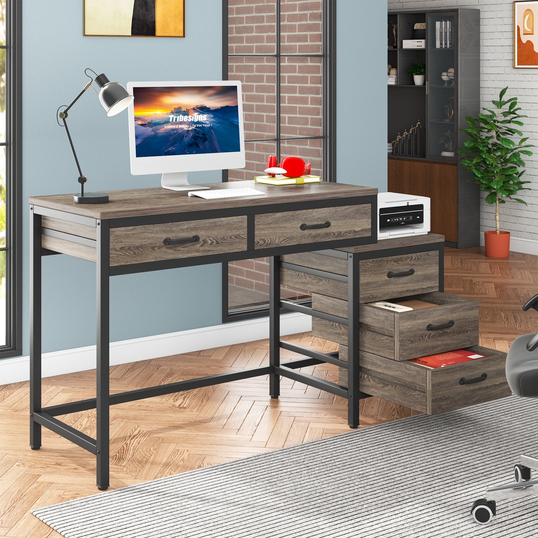 5 Drawers Computer Desk, Study Writing Desk with Reversible Filing ...