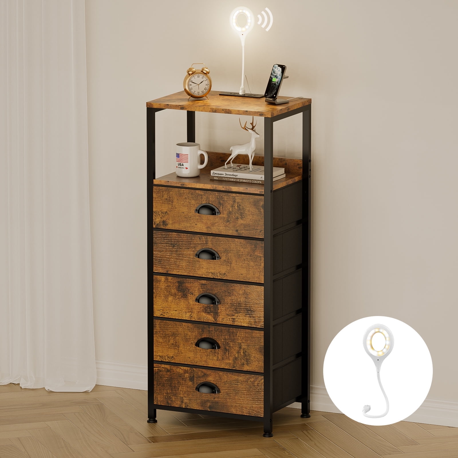 HRYGD 5 Drawers Dresser with Charging Station & Voice-Controlled LED ...
