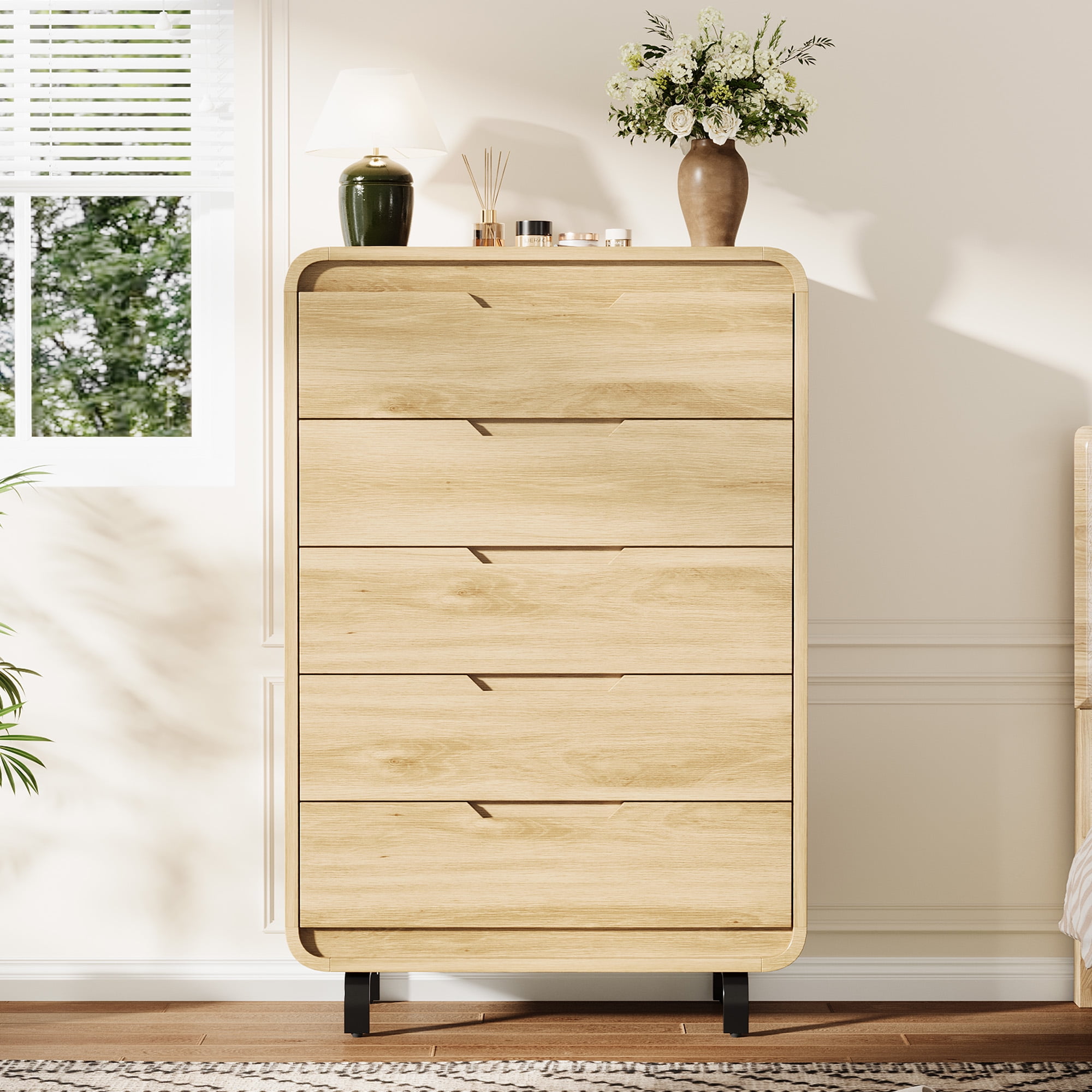 5 Drawers Dresser,Modern Wooden Chest of Drawers with Sturdy Metal Legs ...