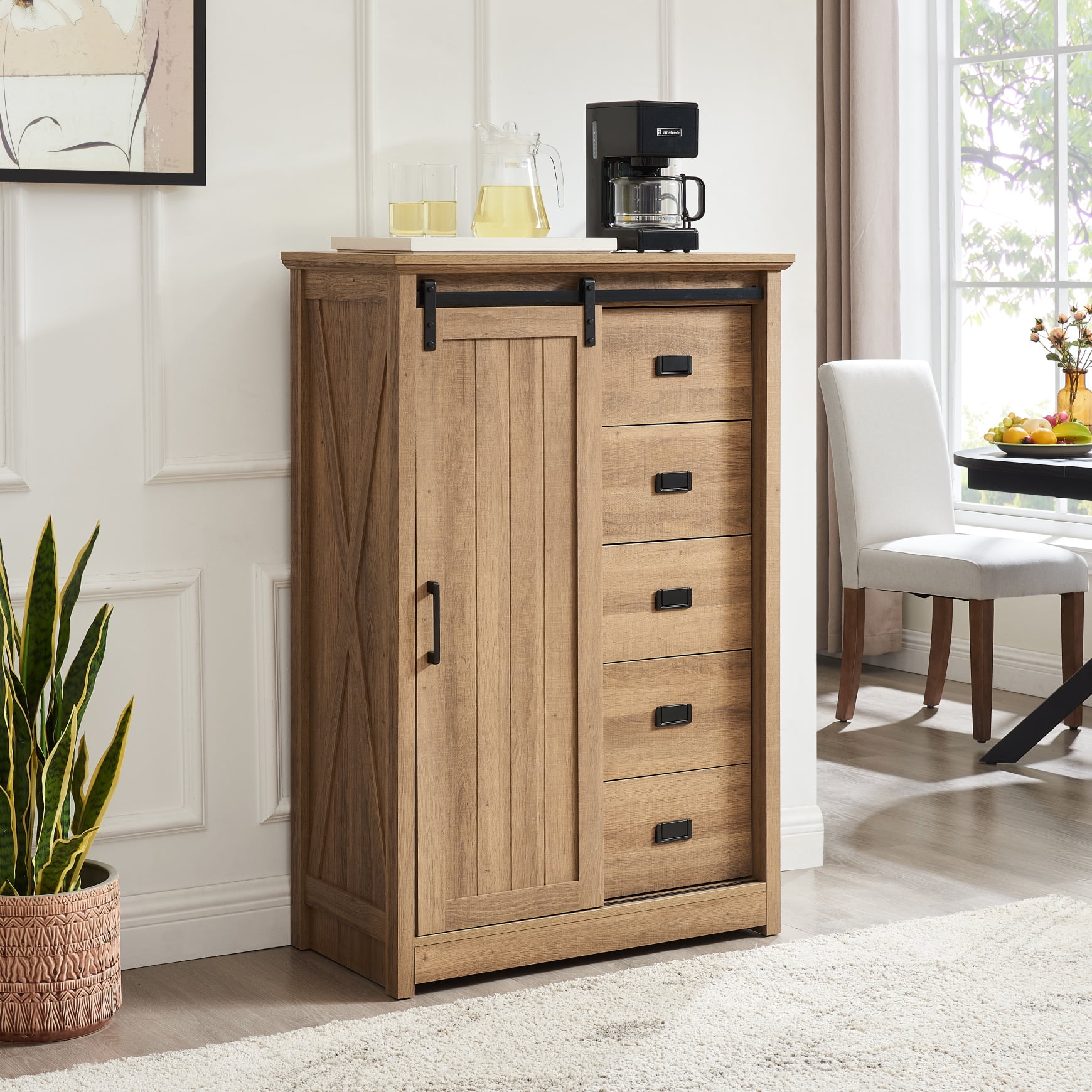 5 Drawers Dresser with Sliding Barn Door, Farmhouse Modern 48" Tall ...
