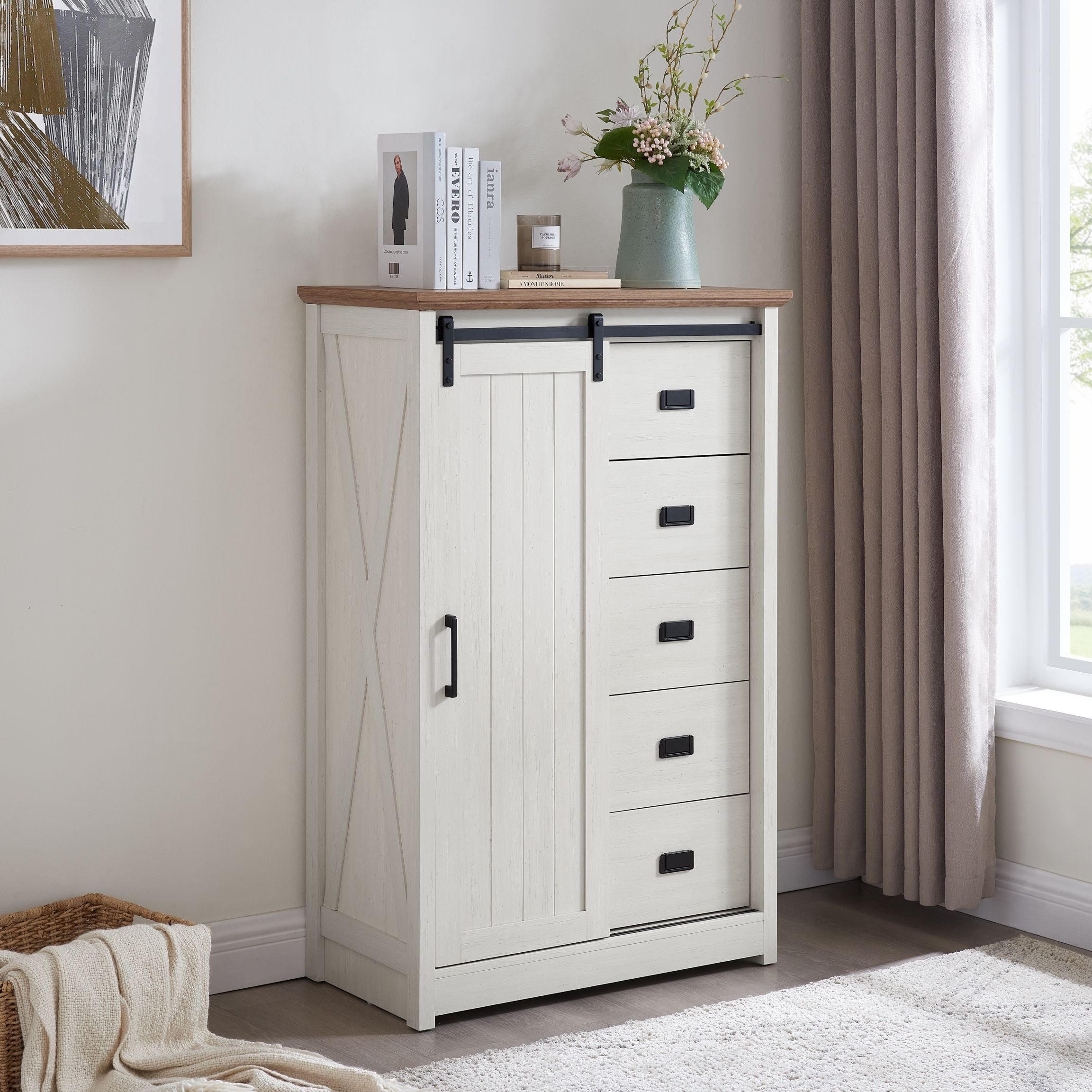 5 Drawers Dresser with Sliding Barn Door, Rustic Modern Tall Dresser 5 ...
