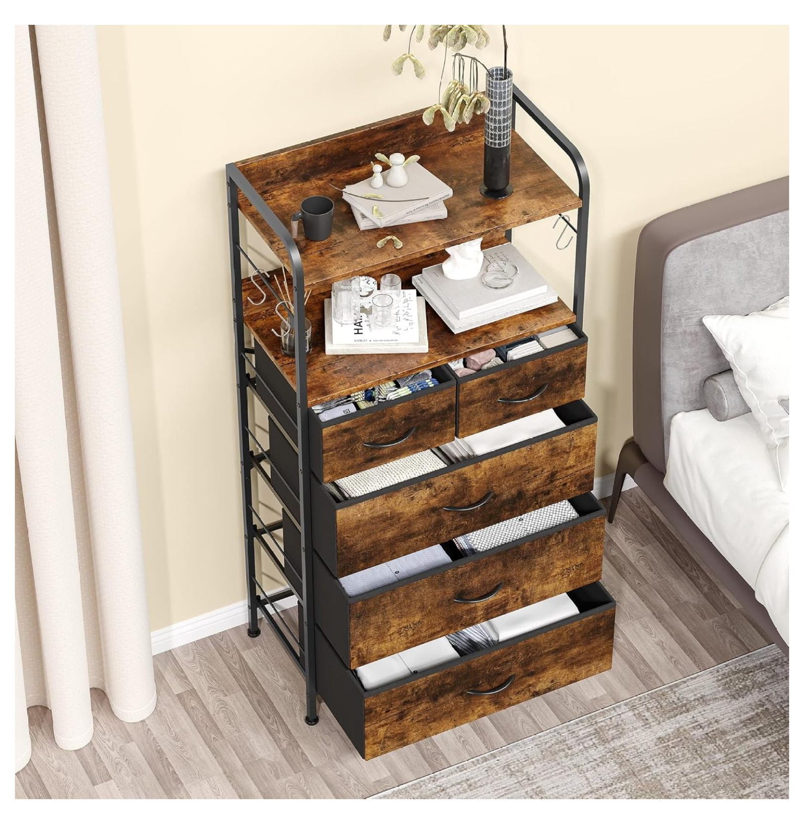 5 Drawers Dresser, Tall Dresser for Bedroom, Fabric Drawer Organizer Unit, Chest of Drawers with ...