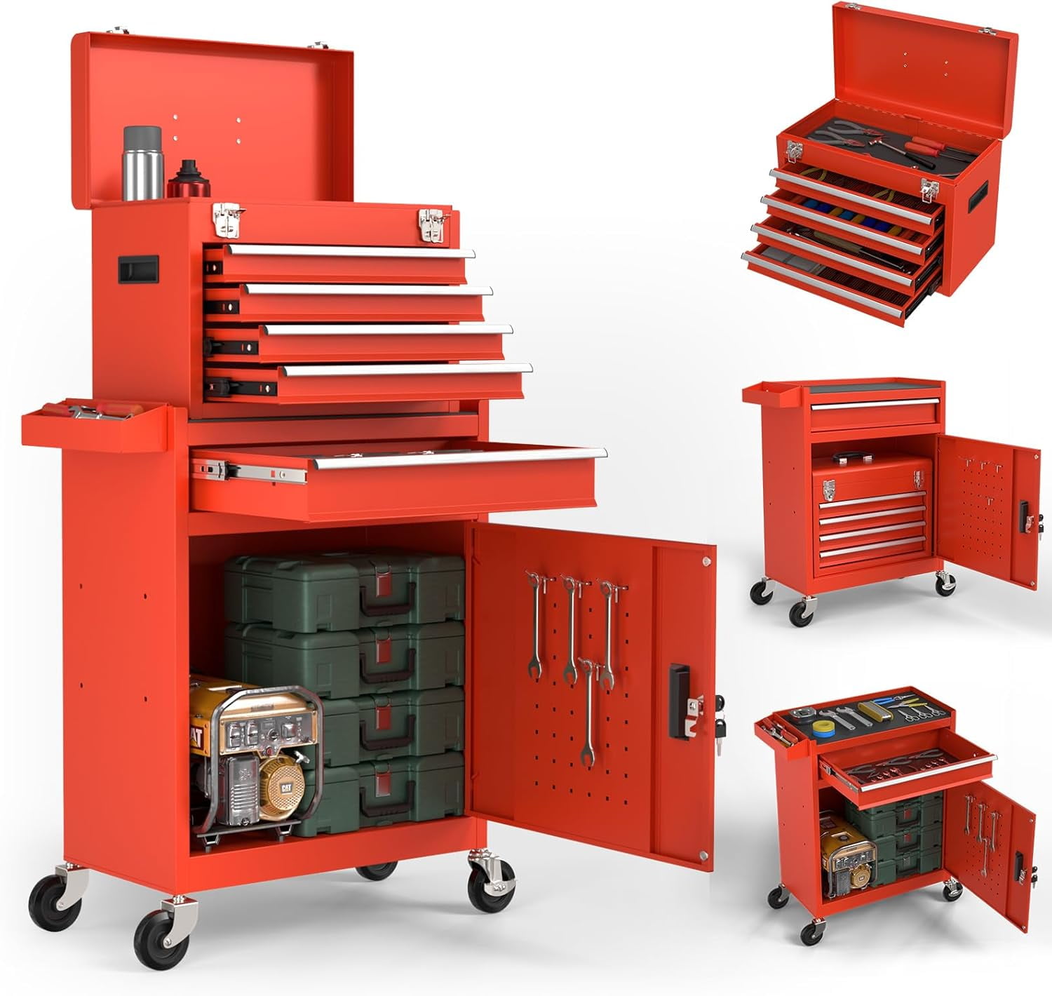 5-Drawers Red Tool Chest, 2-in-1 Mechanic Rolling Tool Box Removable ...