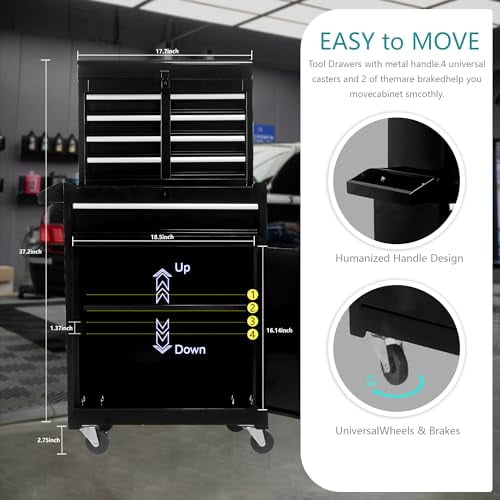 5 Drawers Rolling Tool Chest 2-in-1 Tool Box Organizer with Adjustable Shelf and Wheels High ...