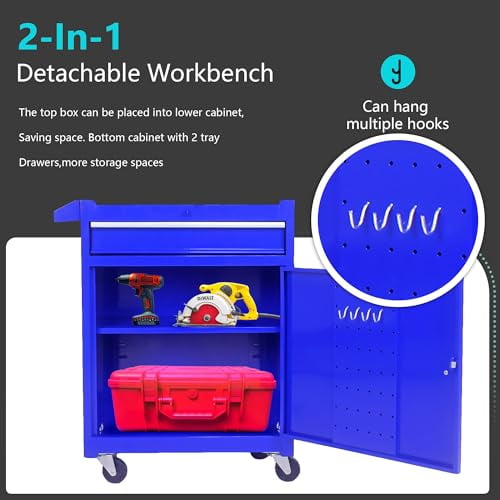 5 Drawers Rolling Tool Chest 2-in-1 Tool Box Organizer with Adjustable Shelf and Wheels High ...