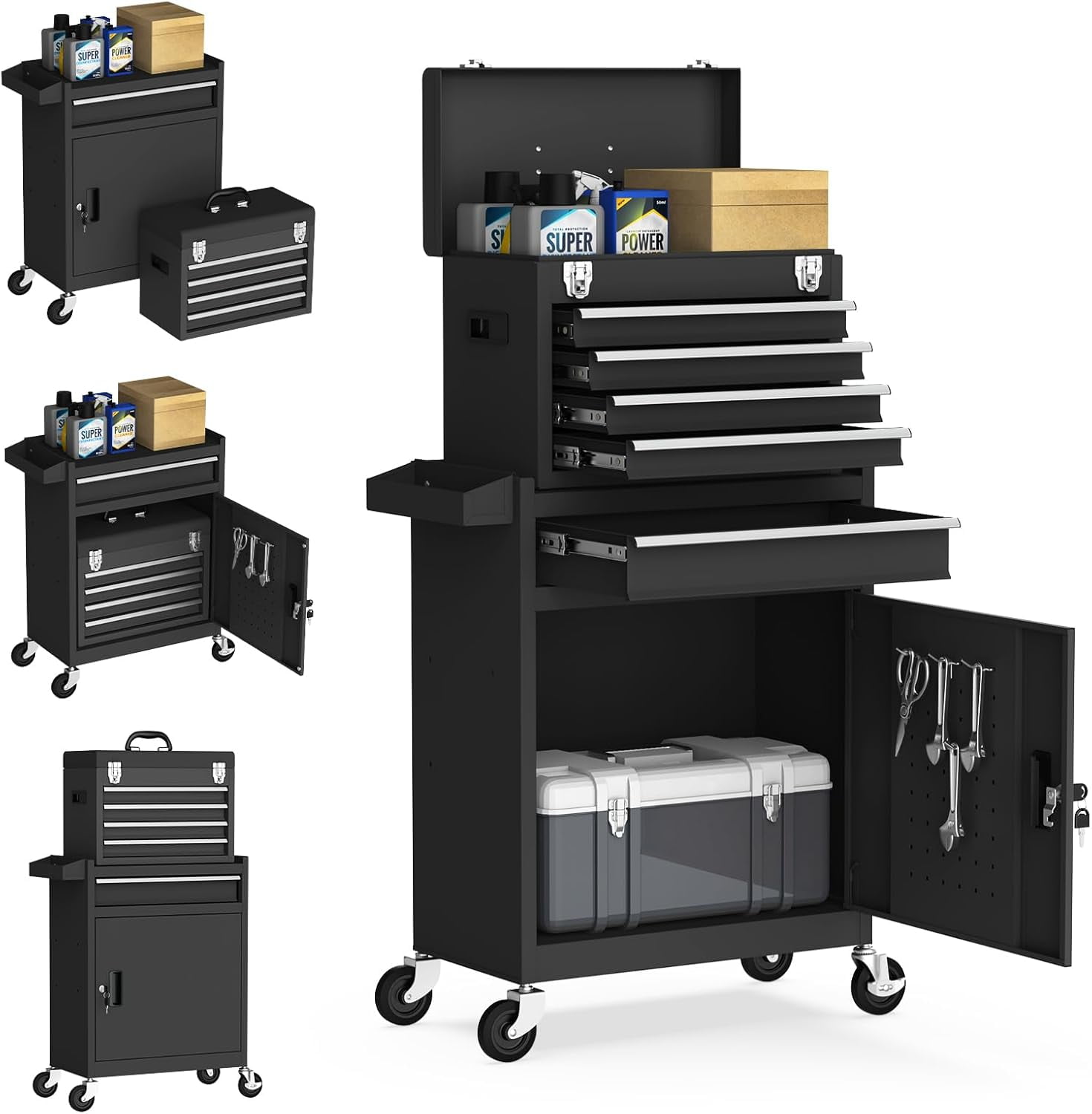 5-Drawers Rolling Tool Chest, Metal Tool Box with Wheels and Drawers, Detachable Toolbox with ...