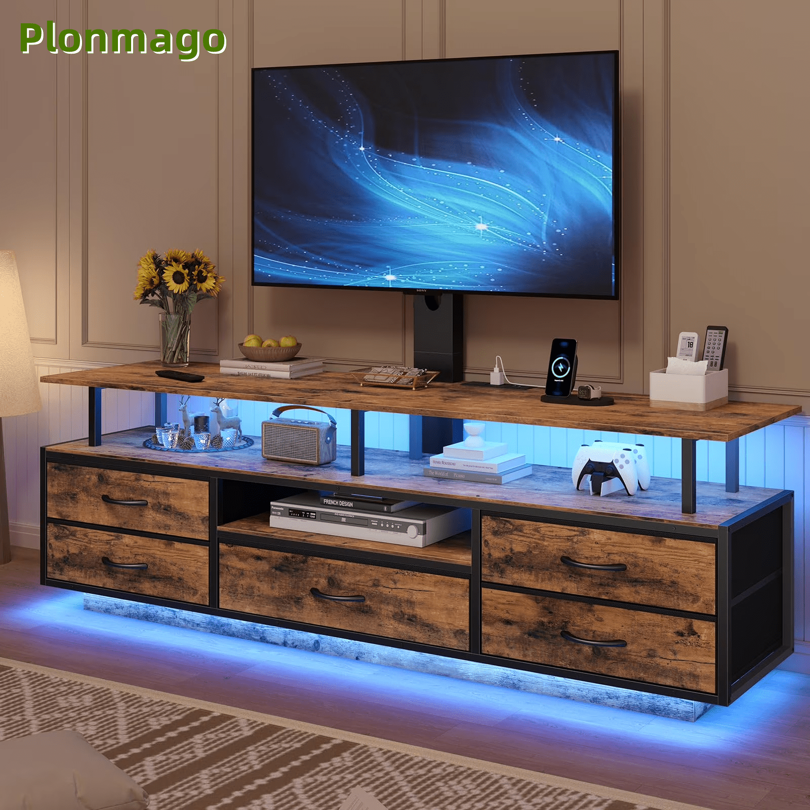 Plonmago 5 Drawers TV Stand with Mount for 45/55/65/70 inch TVs, 51.2 ...