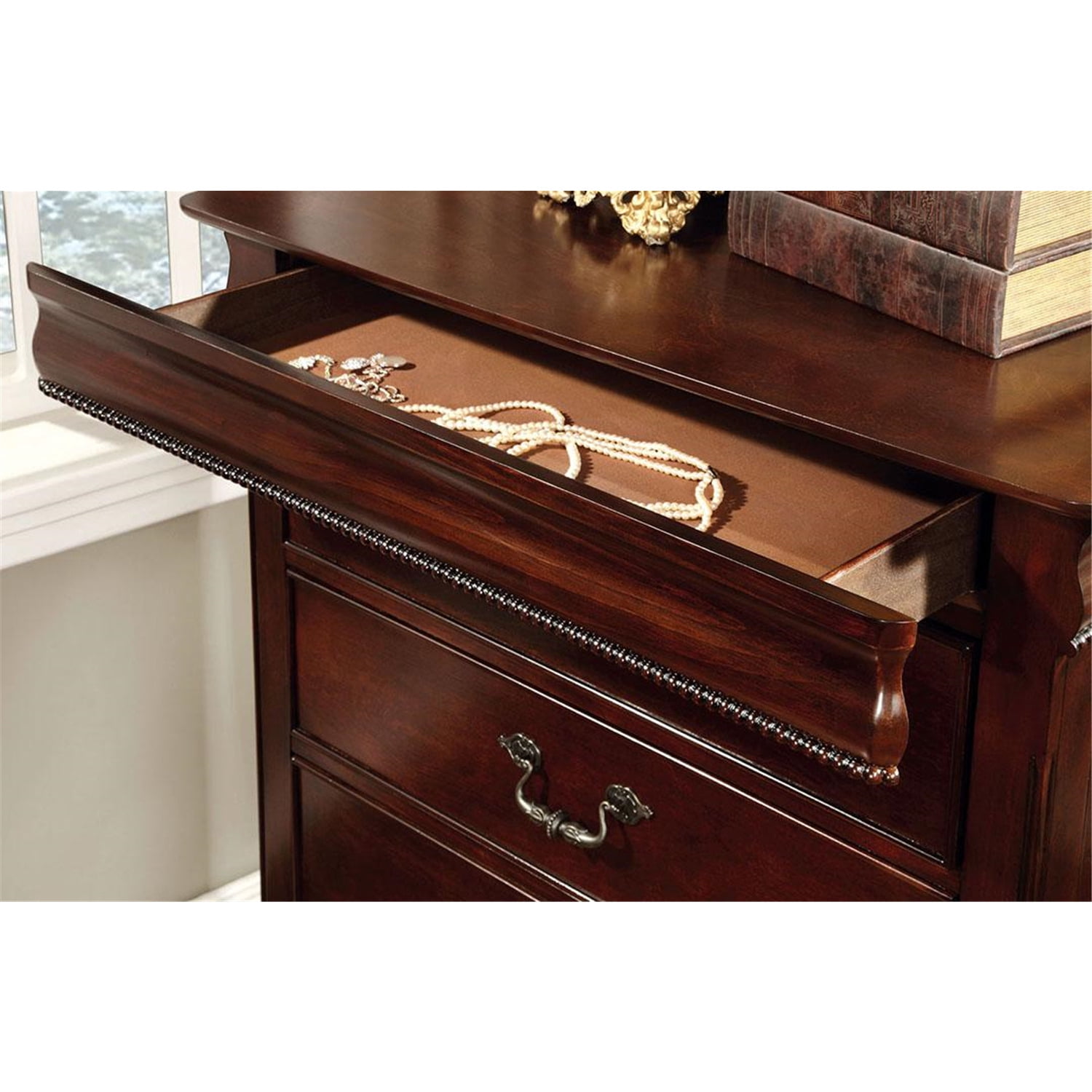 5 Drawers Wooden Chest with Molded Trim Top and Bottom, Cherry Brown ...