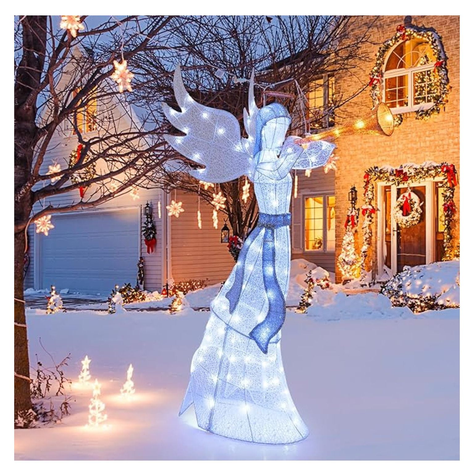 5 FT Christmas Angel with Trumpet, Outdoor Xmas Pre-Lit Angel with Halo ...