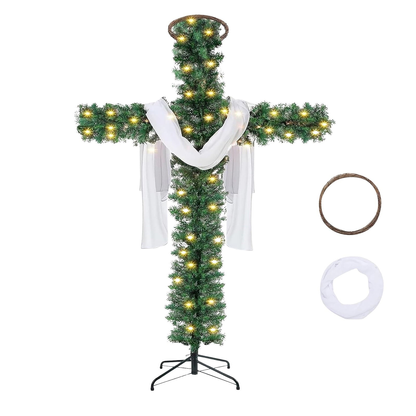 5 FT Christmas Cross Tree - with 100 Lights & White Silk Scarf ...